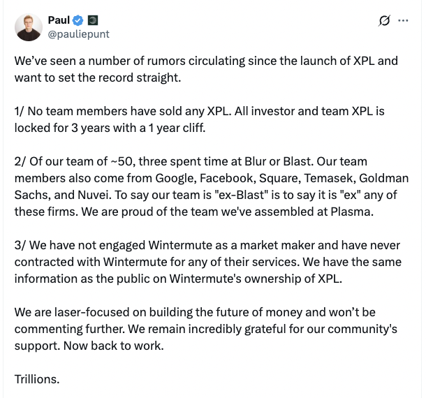 Statement from the Founder Following Plasma (XPL) Token Decline